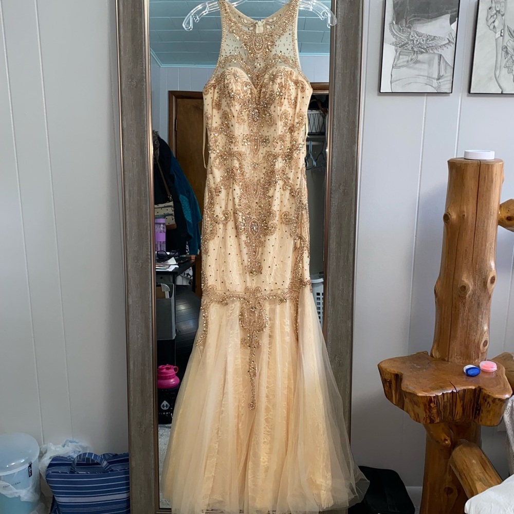 Cream Colored Bejeweled Prom Dress - Gem